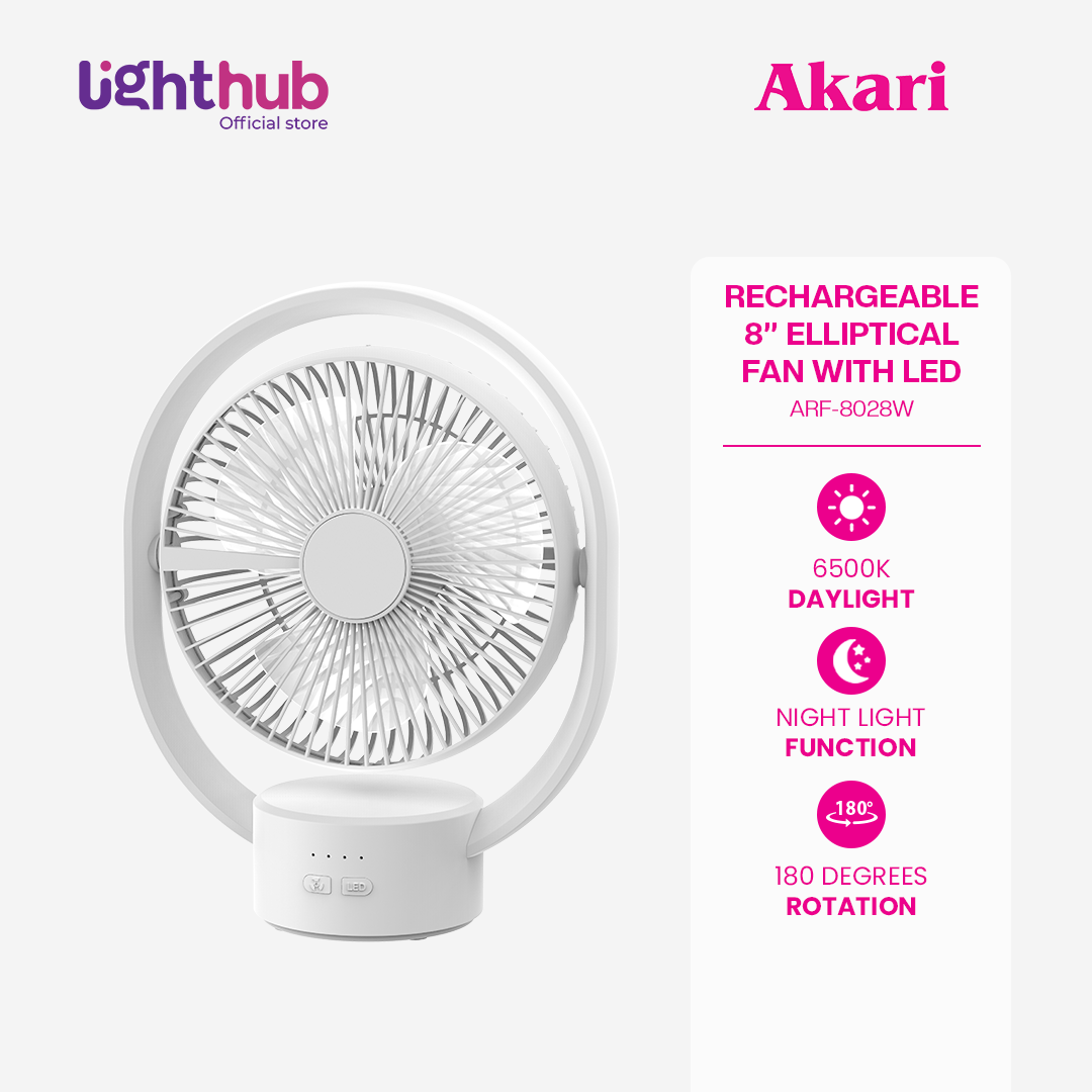 Akari 8" Rechargeable Elliptical Fan w/ LED (ARF-8028W) | Lighthub.Store
