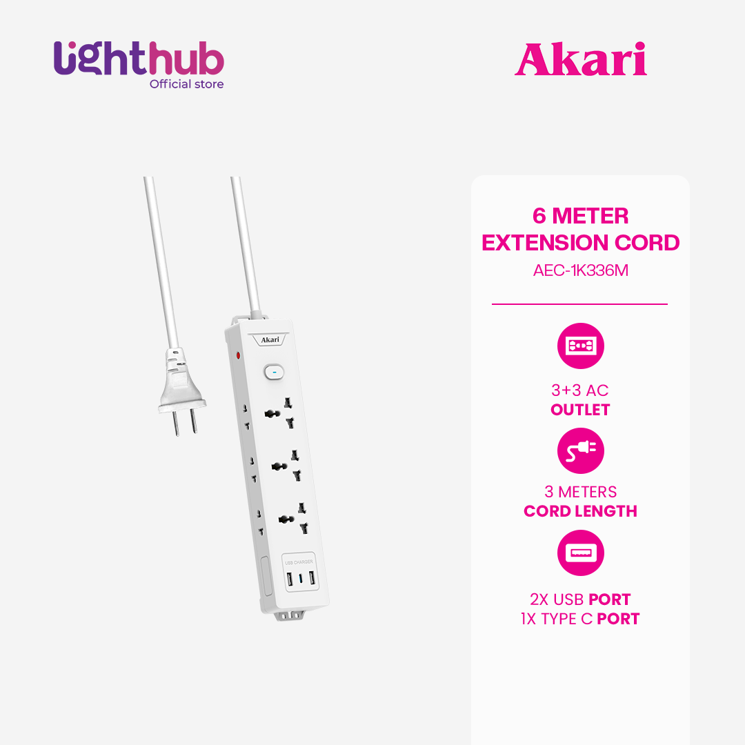 Akari Extension Cord - 6 Meter (3+3 AC outlets with Single rounded mas ...